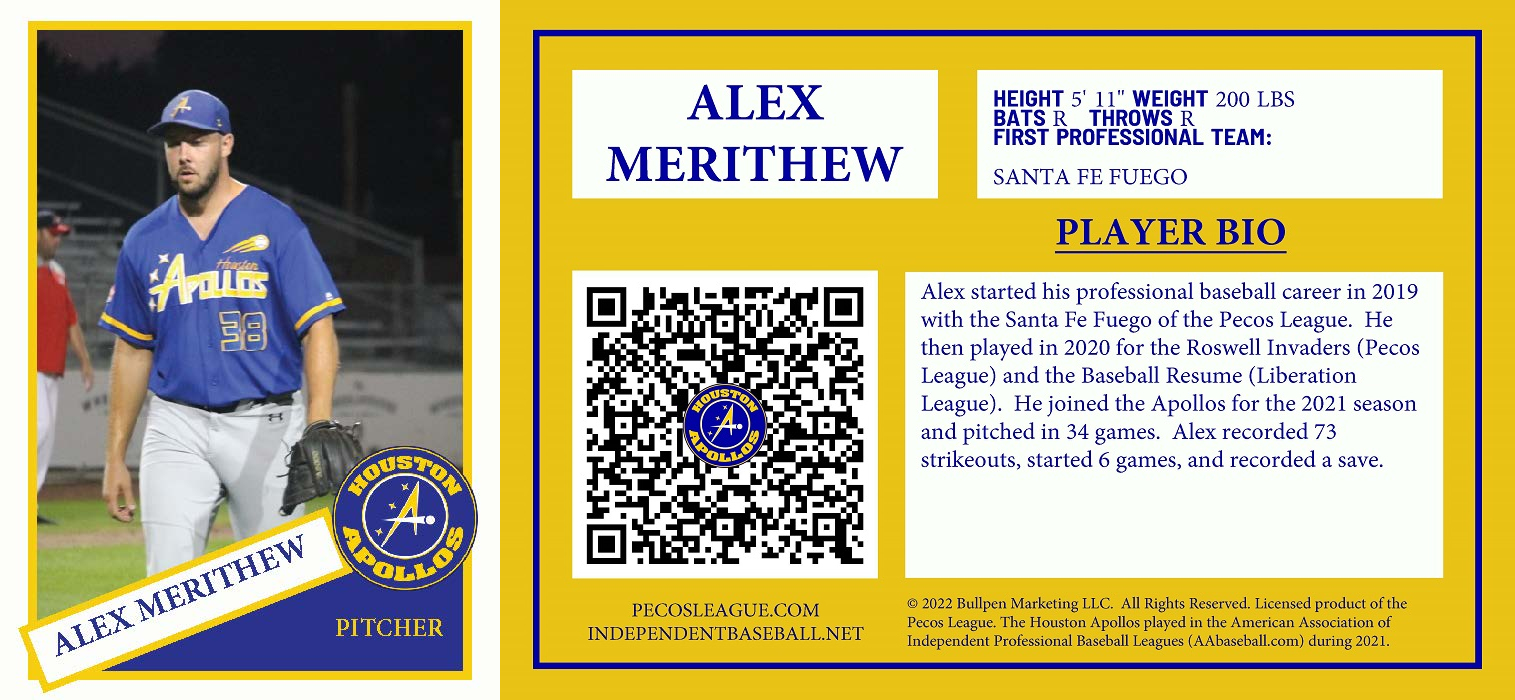 Alex Merithew NFT Baseball Trading Card 2021 Houston Apollos