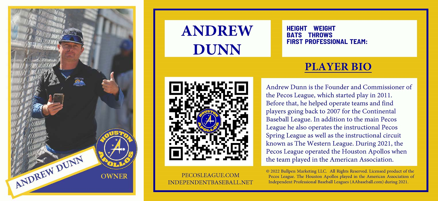 Andrew Dunn NFT Baseball Trading Card 2021 Houston Apollos